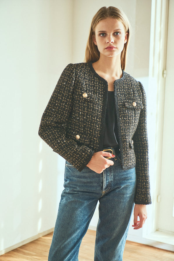 Kelly Tweed Jacket -BLK×gold.chek- – Estella.K