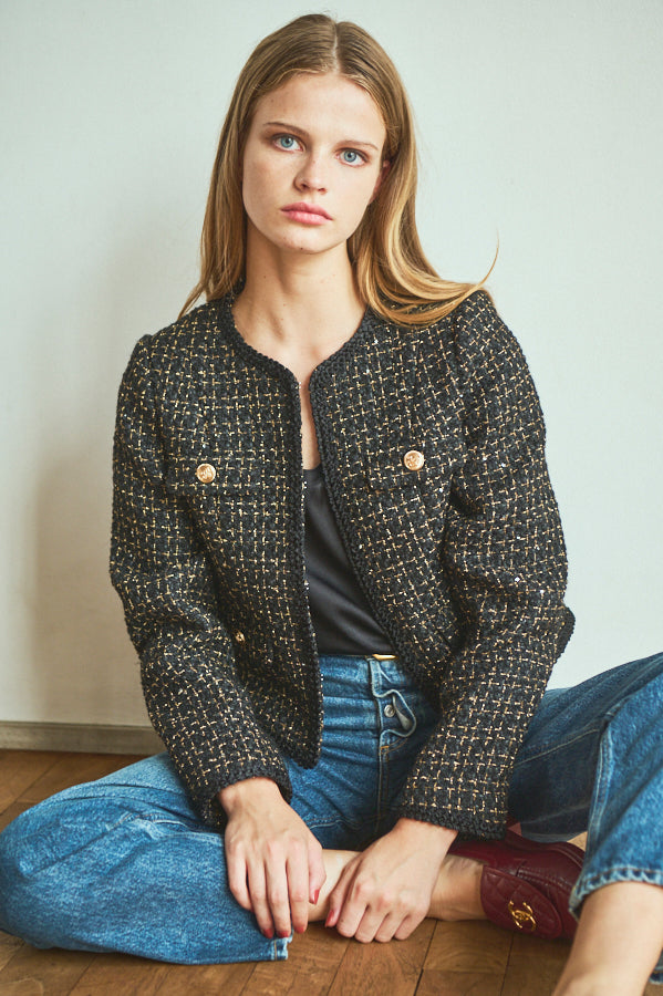 Kelly Tweed Jacket -BLK×gold.chek- – Estella.K